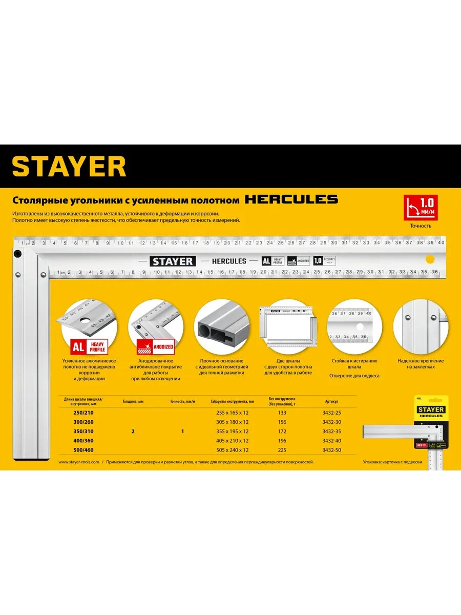 STAYER 300 мм, жесткий столярный угольник, Professional