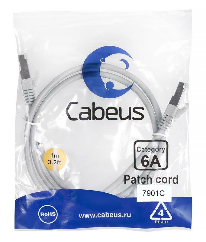 Патч-корд S/FTP кат.6A PC-SSTP-RJ45-Cat.6a-1m-LSZH 2xRJ45/8p8c экранир. LSZH (10G) 1м сер. Cabeus 7901c