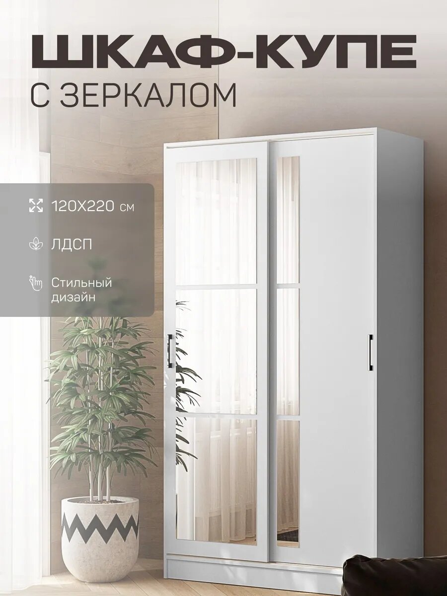 Белый Шкаф-купе с зеркалом для одежды, ЛДСП, 120х220 см, Стиль-2