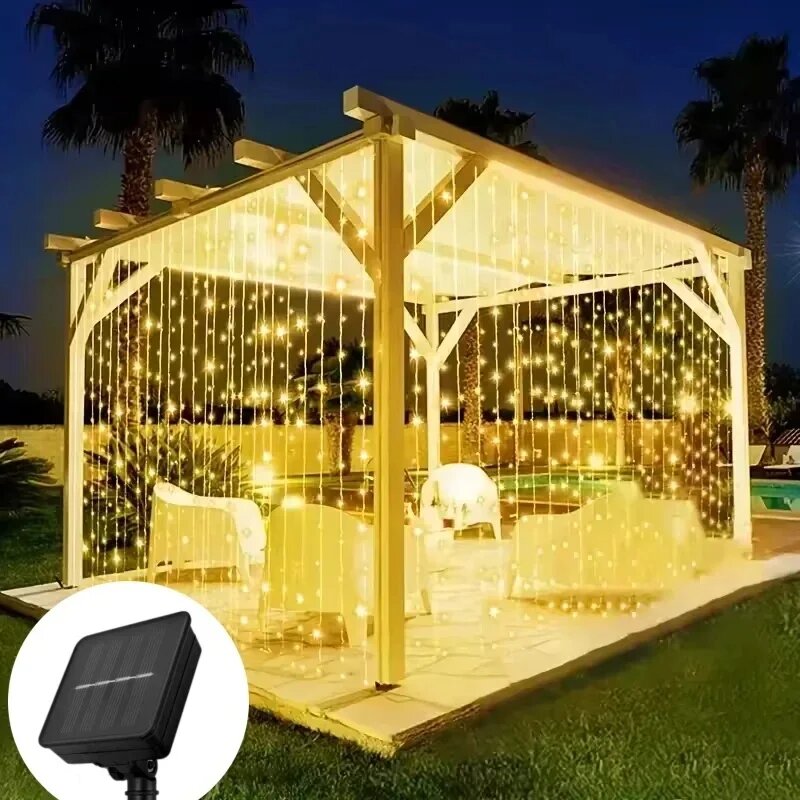 Солнечная гирлянда-штора 3x3 м, 300 LED, теплый свет