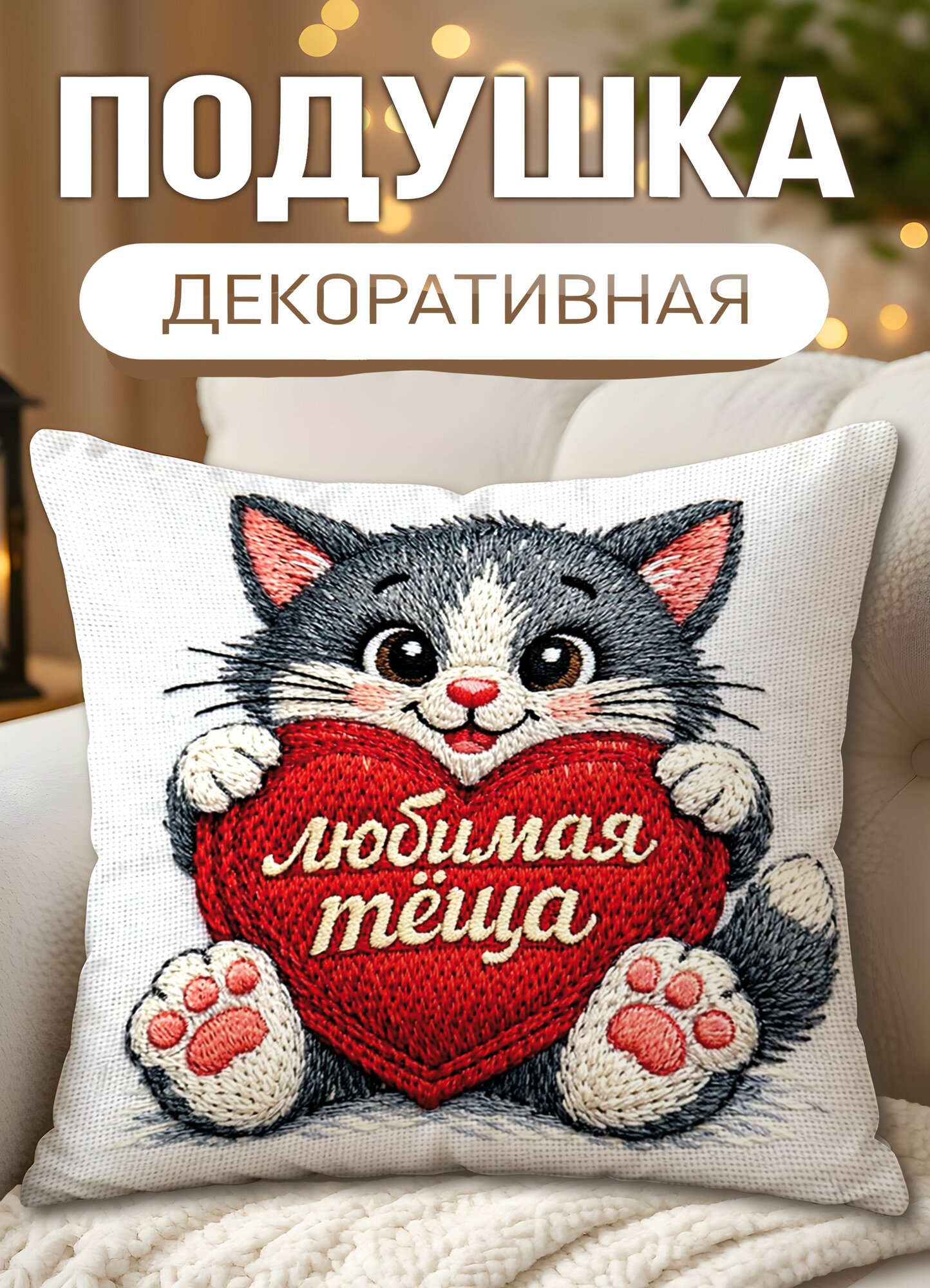 Подушка декоративная Котик с сердечком любимая Тёща