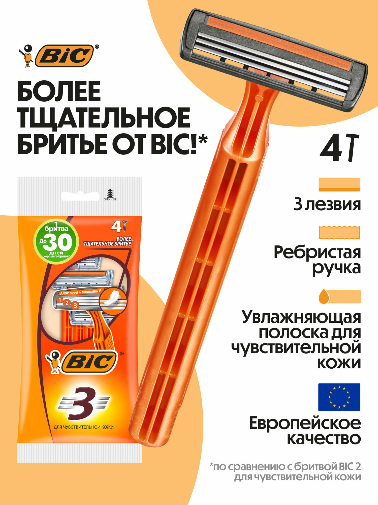 Бритва мужская одноразовая BIC 3 для чувствительной кожи, упаковка 4 шт