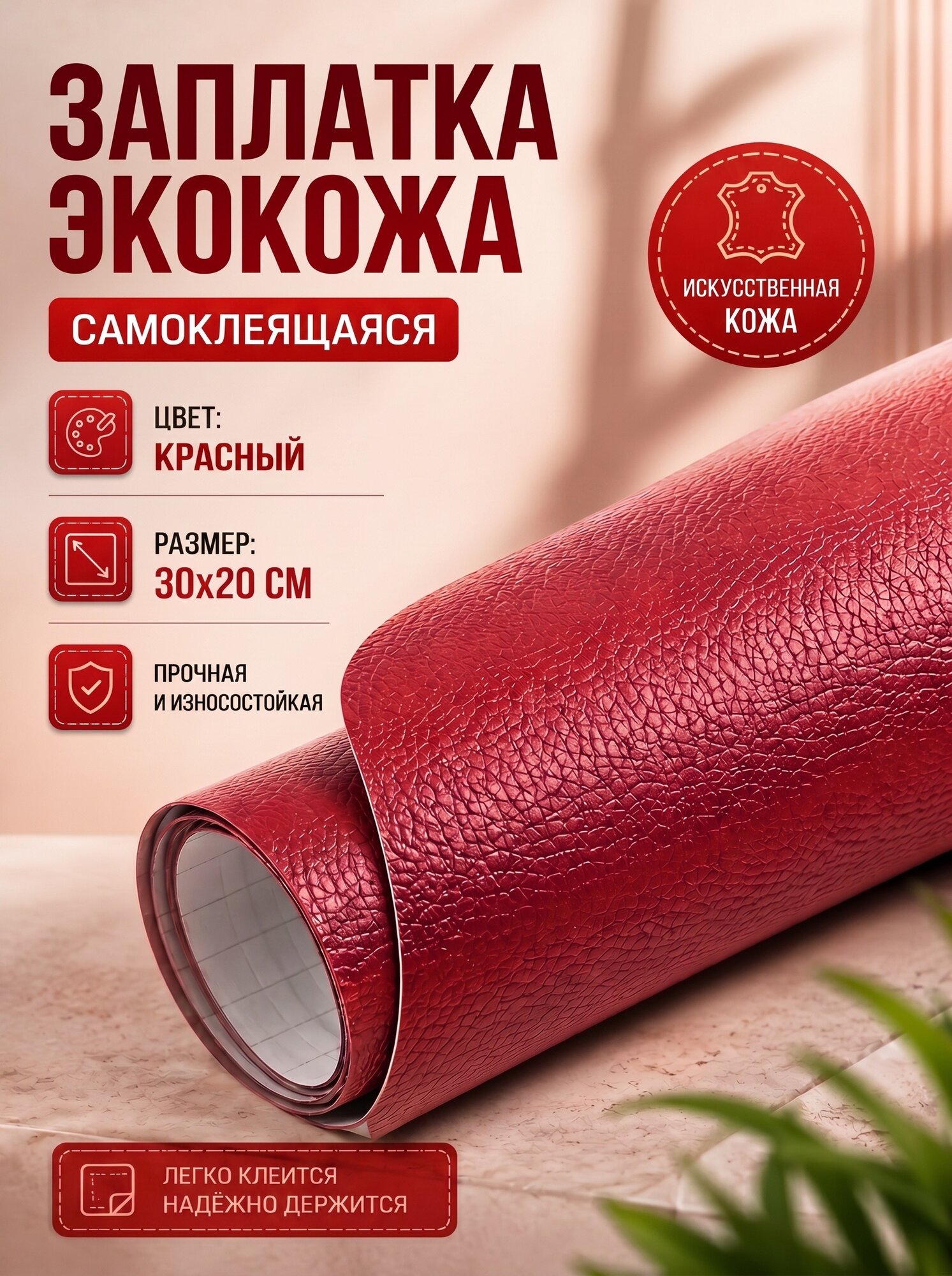 Заплатка кожа самоклеящаяся для мебели, красный