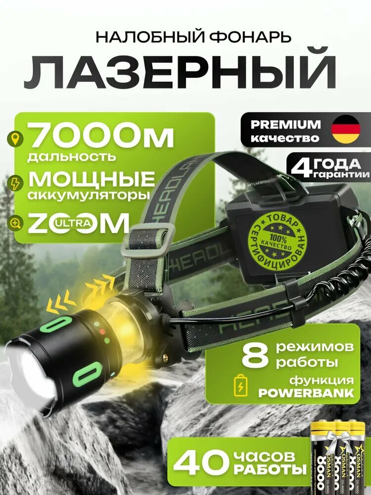 Фонарь налобный аккумуляторный, светодиодный, мощный с зарядкой