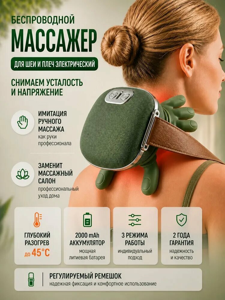 Беспроводной массажер для шеи и плеч электрический имитация ручного массажа 3 режима глубокий разогрев 2000 мАч