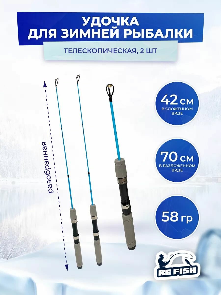 Мини удочка для зимней рыбалки, спиннинг телескопический 70 см, 2 шт