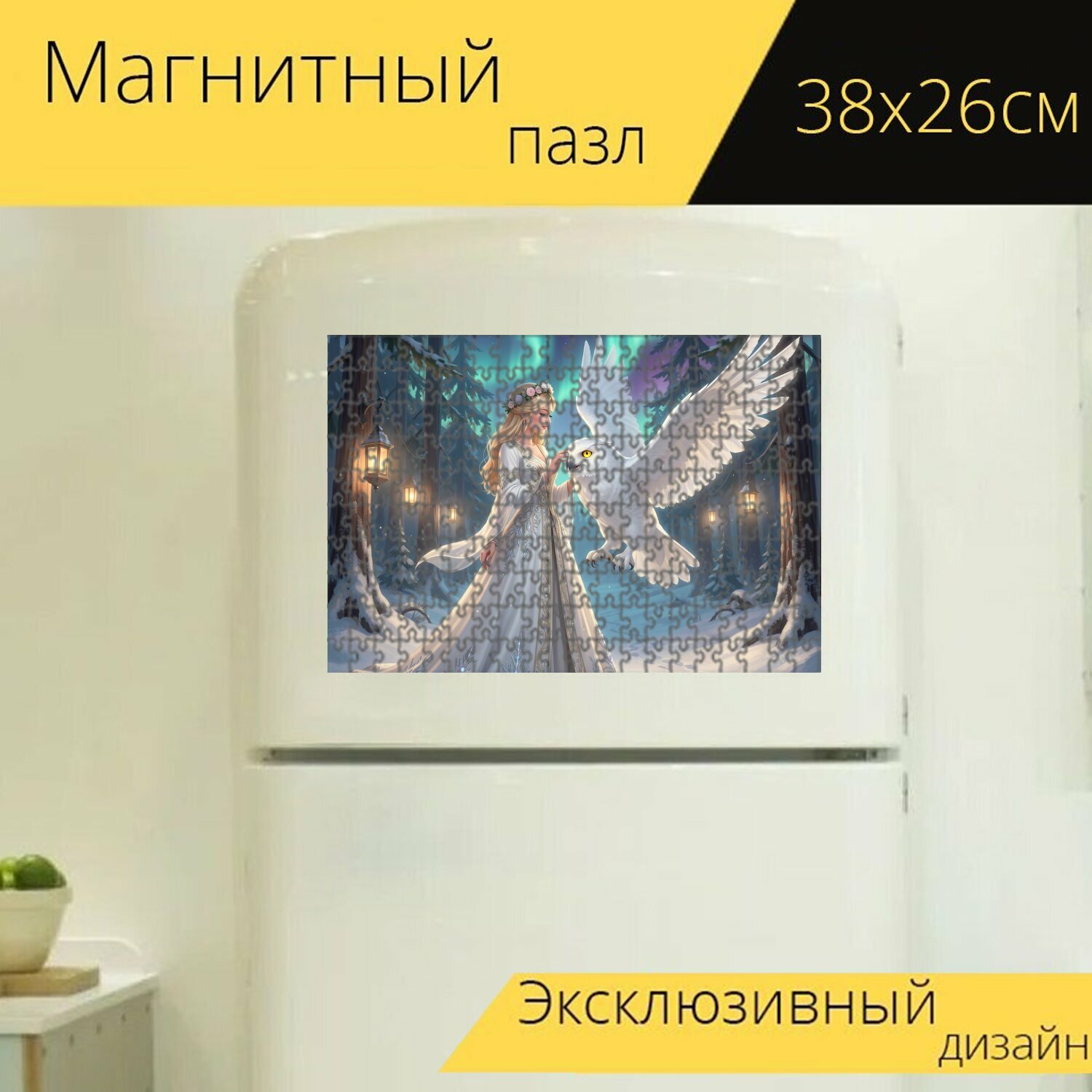 Магнитный пазл "Лесная нимфа с совой. Сказочная девушка в светлом наряде и белая полярная птица среди заснеженного леса, северное сияние, мягкое свечение." для интерьера, 38х26 см.