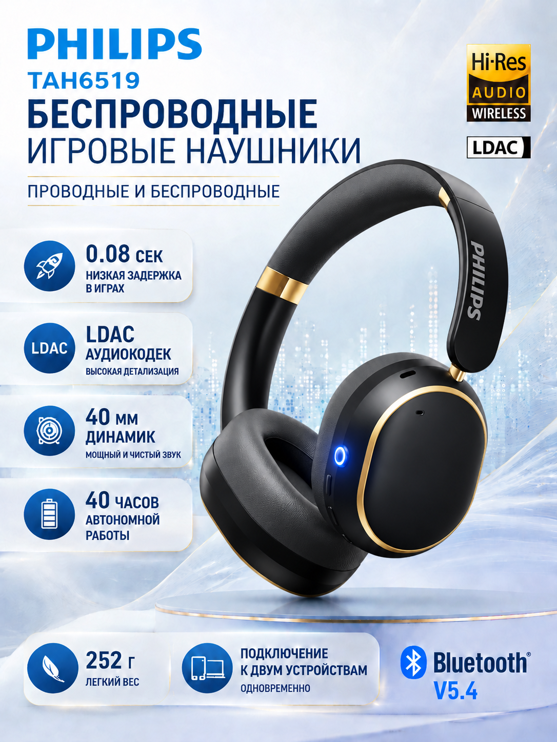 Philips TAH6519 — Беспроводные полноразмерные наушники с LDAC, 40 часов работы