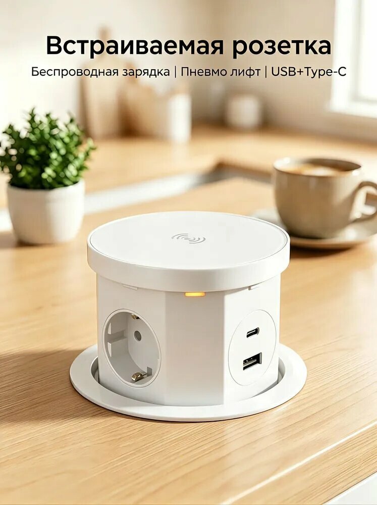 Встраиваемая выдвижная розетка в столешницу (3 евро, 1 USB, 1 Type-C, беспроводная зарядка), скрытый блок на 3 розетки для кухни, белый