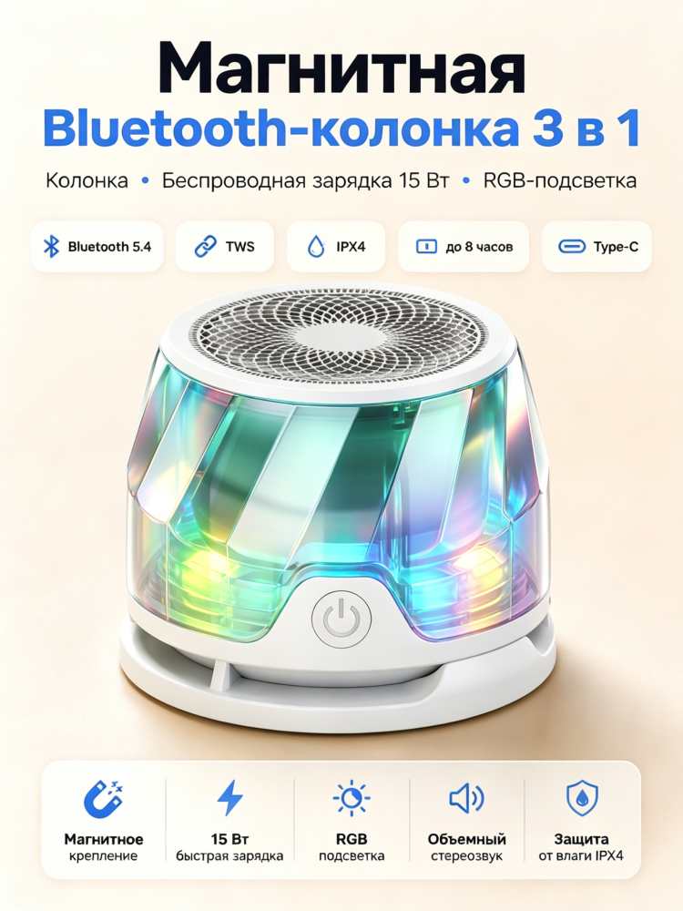 Магнитный Bluetooth-динамик мощностью 15 Вт, 600 мАч, RGB-подсветка, TWS для гарнитуры для телефона и часов