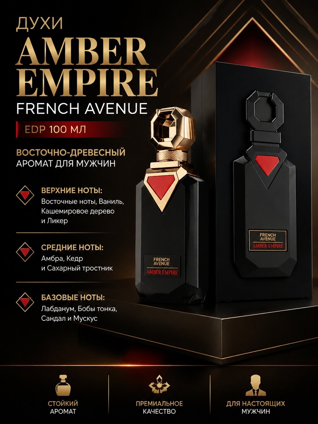Парфюмерная вода French Avenue Amber Empire, мужская, восточная, 100мл