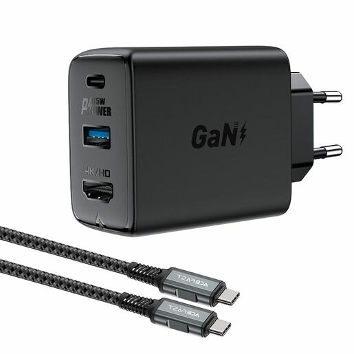 Сетевое зарядное устройство ACEFAST A17 65W GaN multi-function HUB charger set EU с кабелем USB-C - USB-C. Цвет: черный.