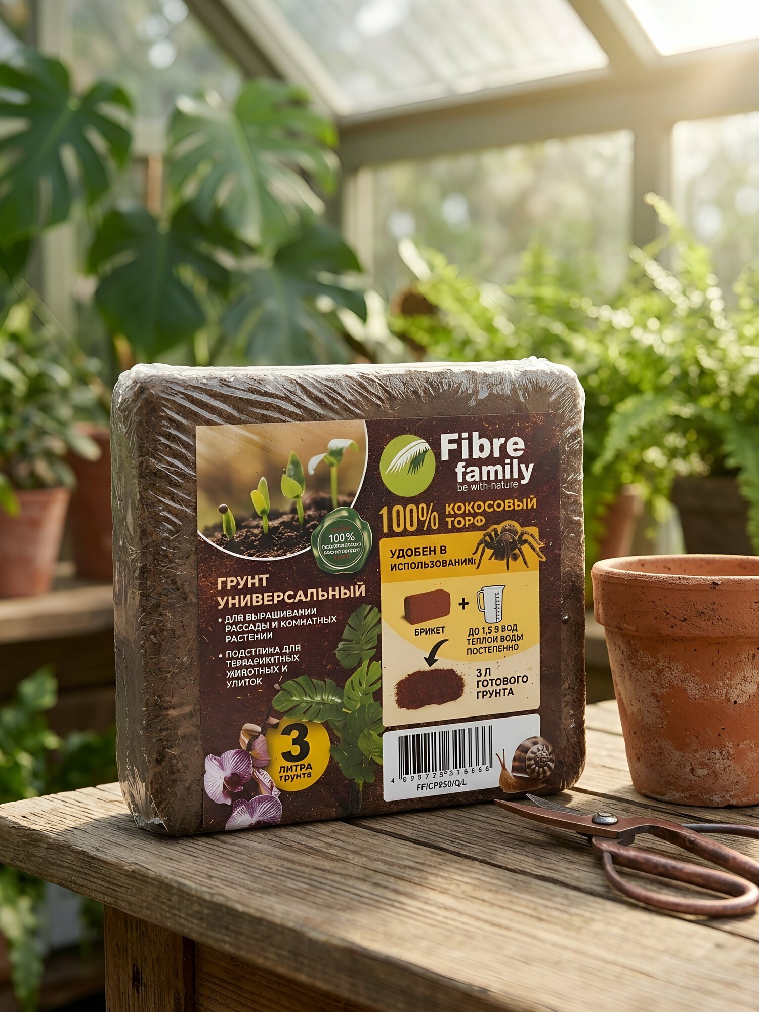 Кокосовый торф Fibre Family 3 л: универсальный субстрат для рассады, цветов и кустарников, произведен в Индии.