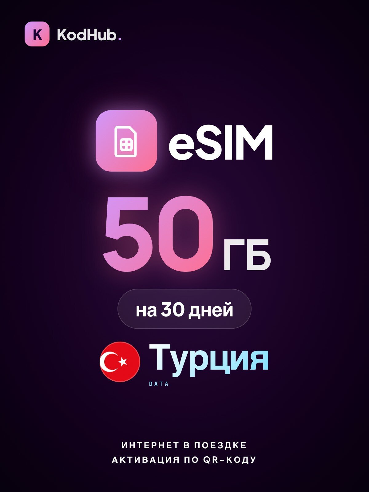 Туристическая eSIM Турция 50 ГБ на 30 дней | интернет в поездке, связь за границей | QR-код активации