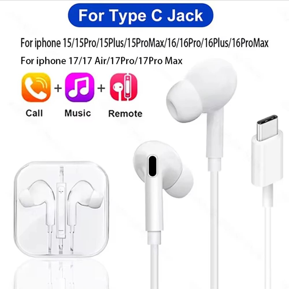 Проводные наушники типа C для iphone 16 15 Plus 14 13 12 11 Pro Max XR XS 7 8 SE IOS Jack