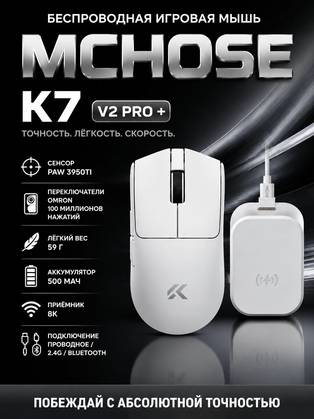 MCHOSE K7 V2 PRO + лёгкая флагманская игровая мышь: 59 г, сенсор PAW3950 TI, white