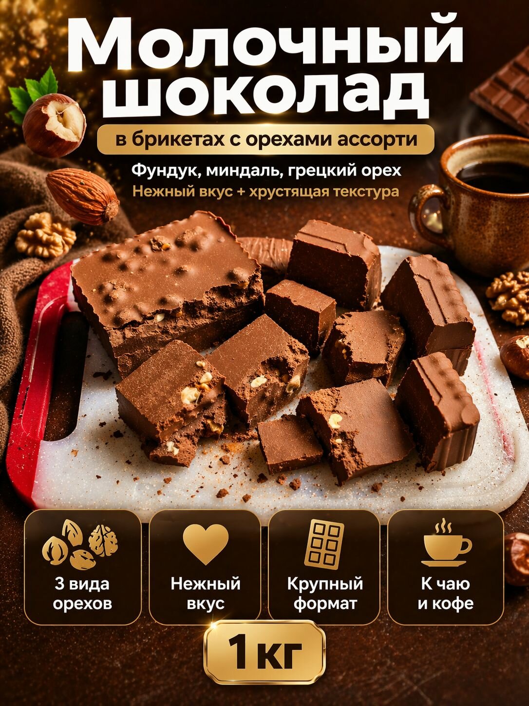 Шоколад молочный 1кг с орехами, плитка, нежный вкус, хрустящие орехи, к чаю и кофе