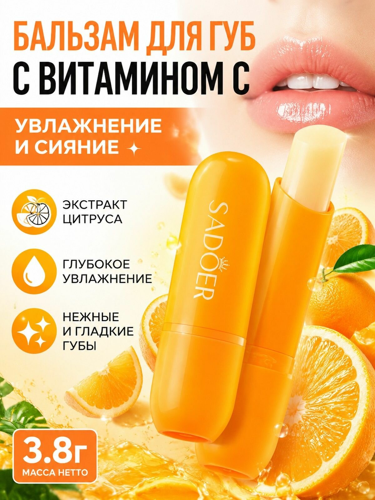 Смягчающий И Увлажняющий Бальзам Для Губ С Цитрусовым Витамином С, 3,8 Г