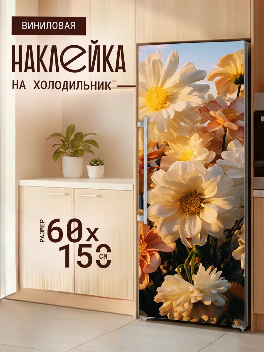 Наклейка декор на холодильник с принтом белые Георгины 60х150 см