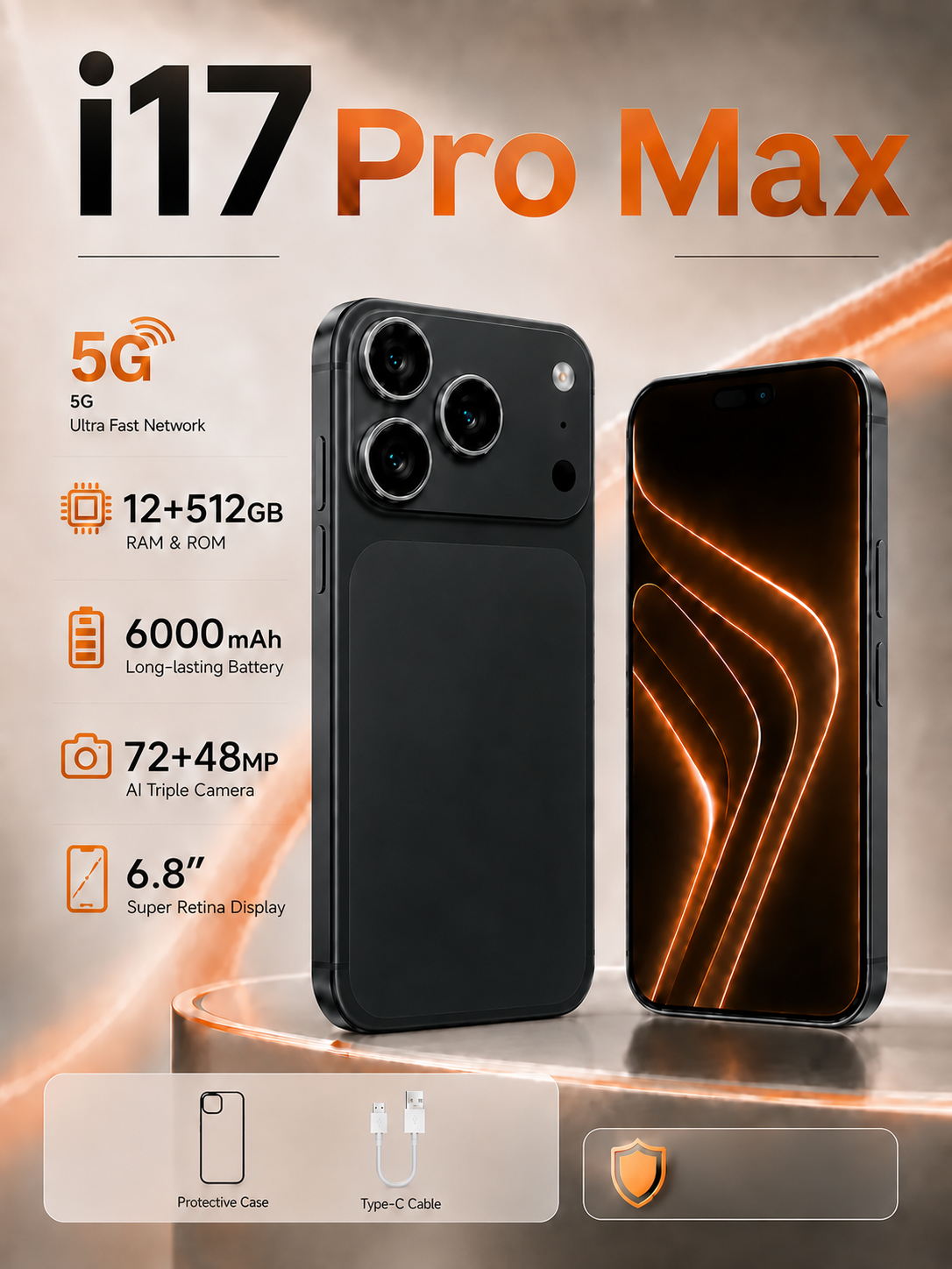 Смартфон i17 Pro Max, Android 14, 12Гб+512Гб, камера 48Мп, экран 6.8", 2 SIM