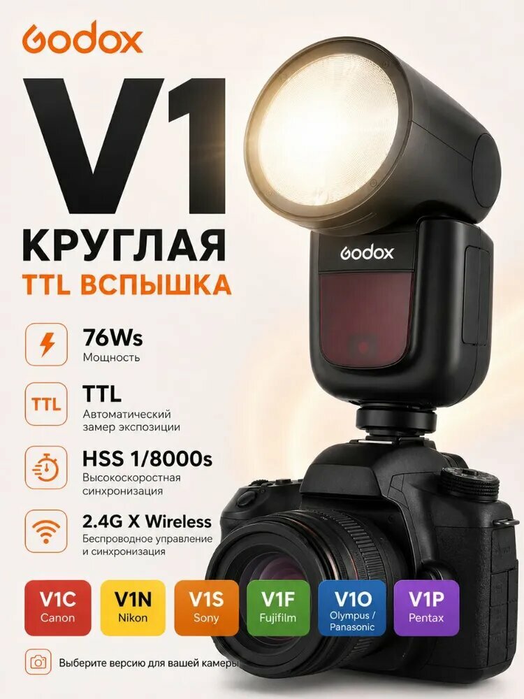 Вспышка Canon Godox V1, для фото и видеосъемки, мощность, встроенная батарея