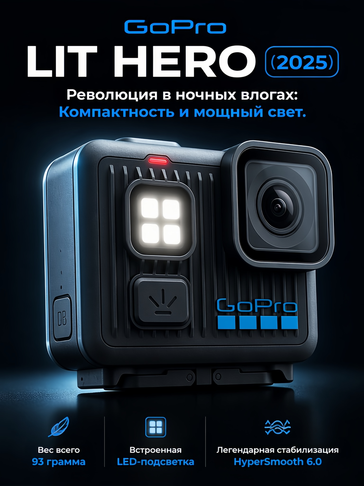 Экшн-камера GoPro LIT Hero встроенная подсветка, 4K60 сверхвысокое разрешение видео, HyperSmooth стабилизация