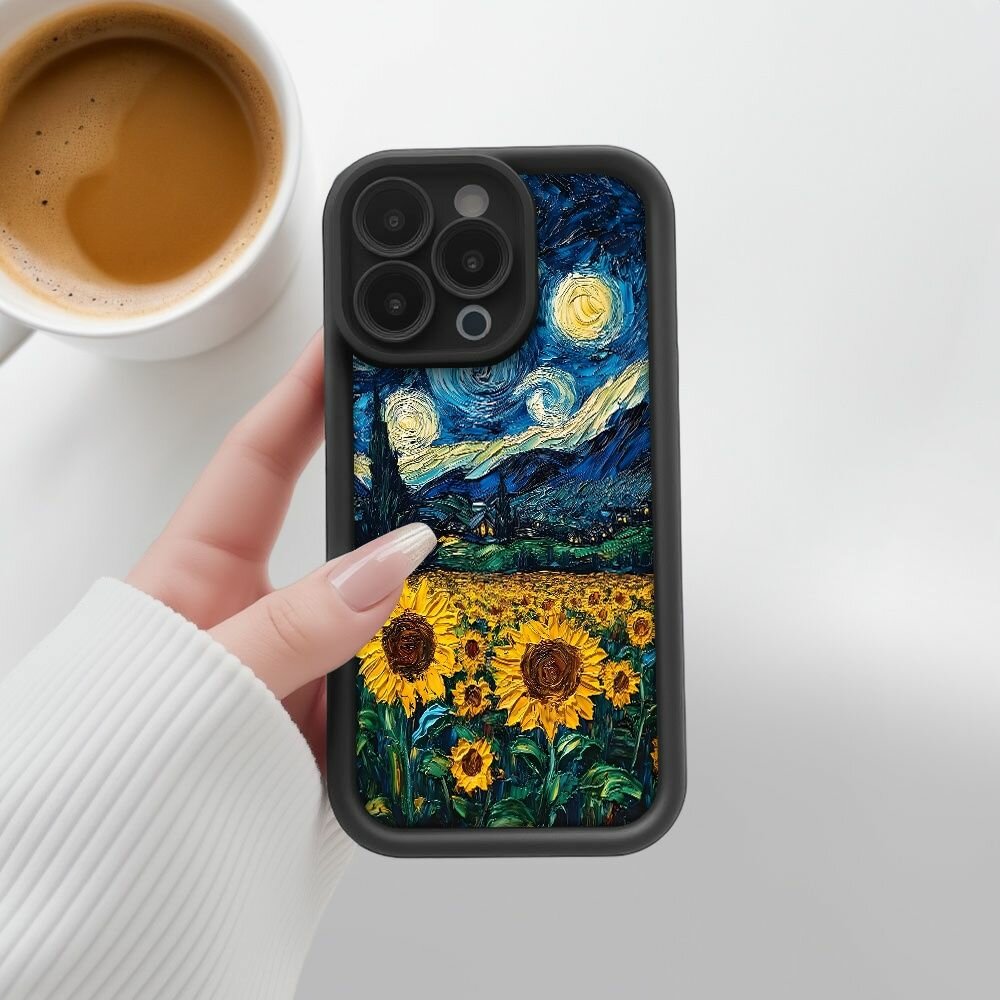 Чехол на Айфон 12 Про Макс / IPHONE 12 PRO MAX чёрный с дизайном Ван Гог "Звёздная ночь" и подсолнухи, силиконовый антиударный