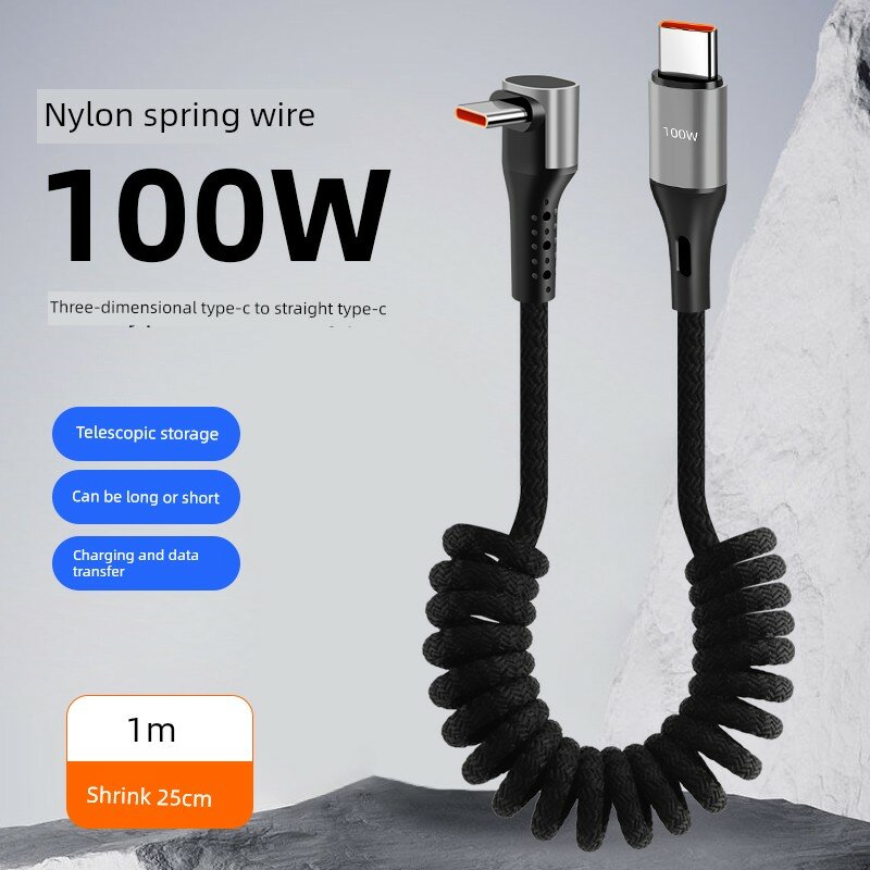 Черный кабель зарядки USB-C к USB-C с быстрой зарядкой 100 Вт, изогнутым разъемом, длиной 1 м для iPhone Samsung Huawei