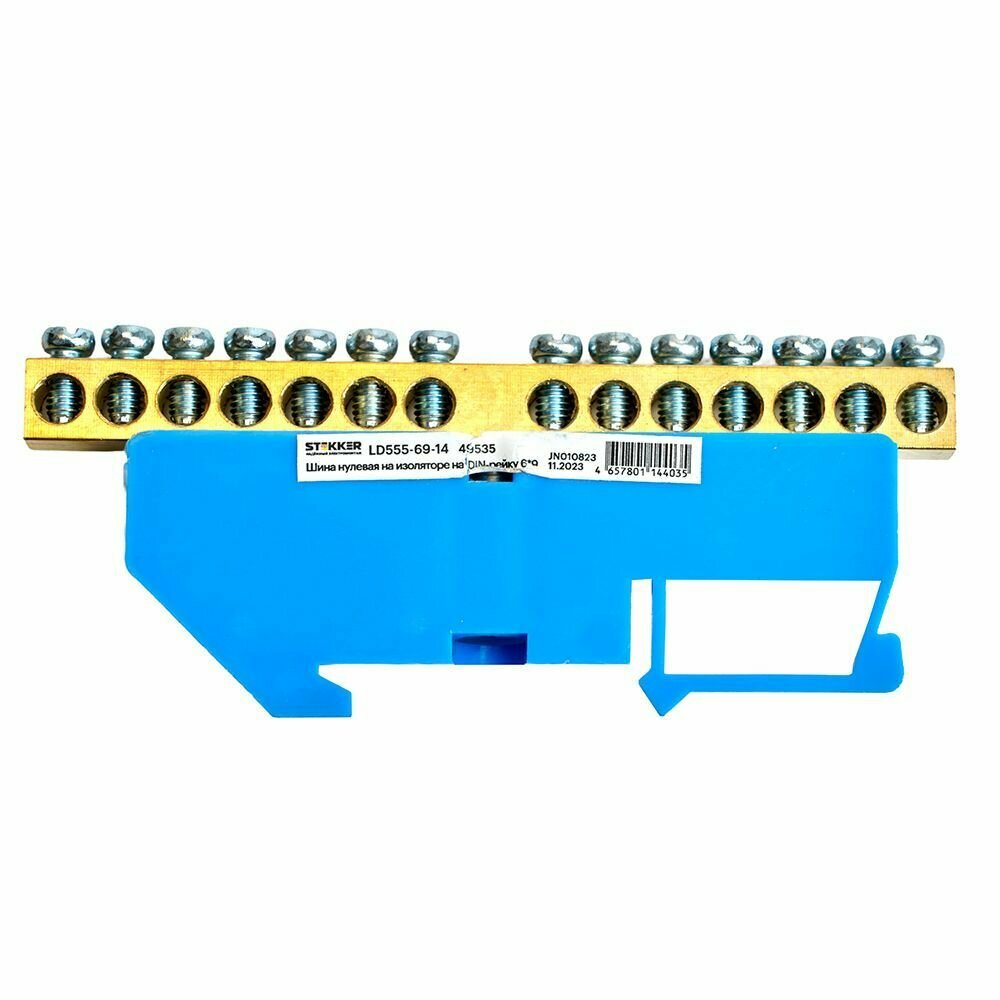 Шина "N" на изоляторе 6*9 на DIN-рейку 14 выводов, синий, LD555-69-14 STEKKER 49535