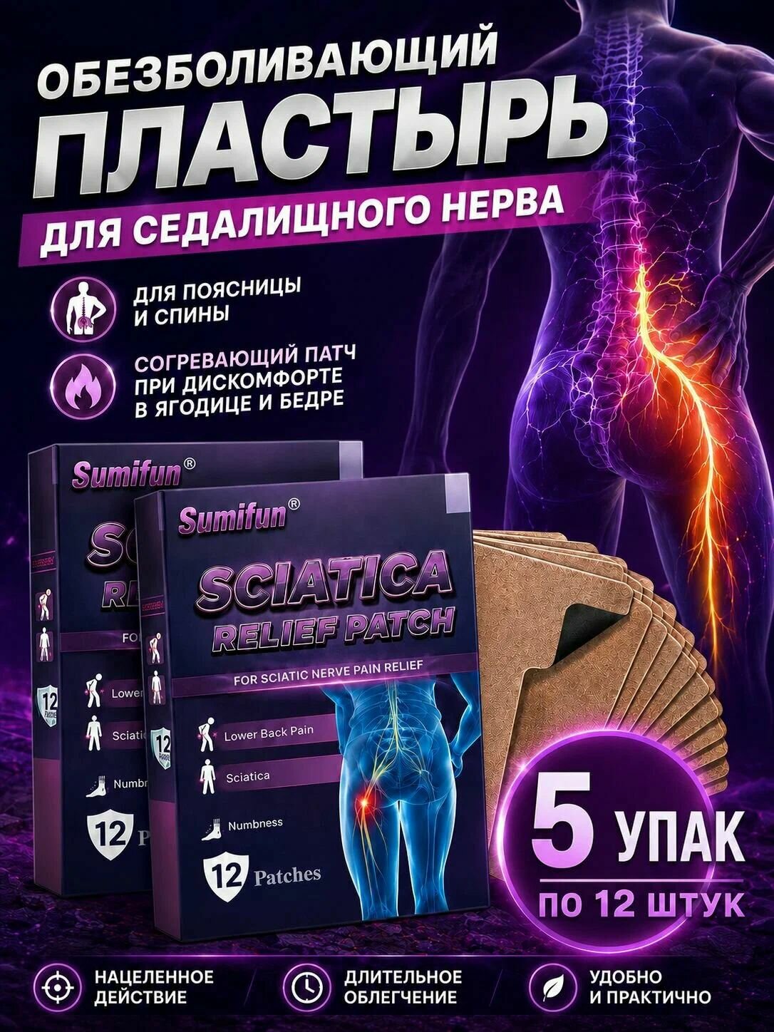 Пластырь при защемлении седалищного нерва Sciatic Nerve Patch обезболивающий согревающий пластырь для ягодицы, поясницы и спины, 5x12 шт. (60шт.)