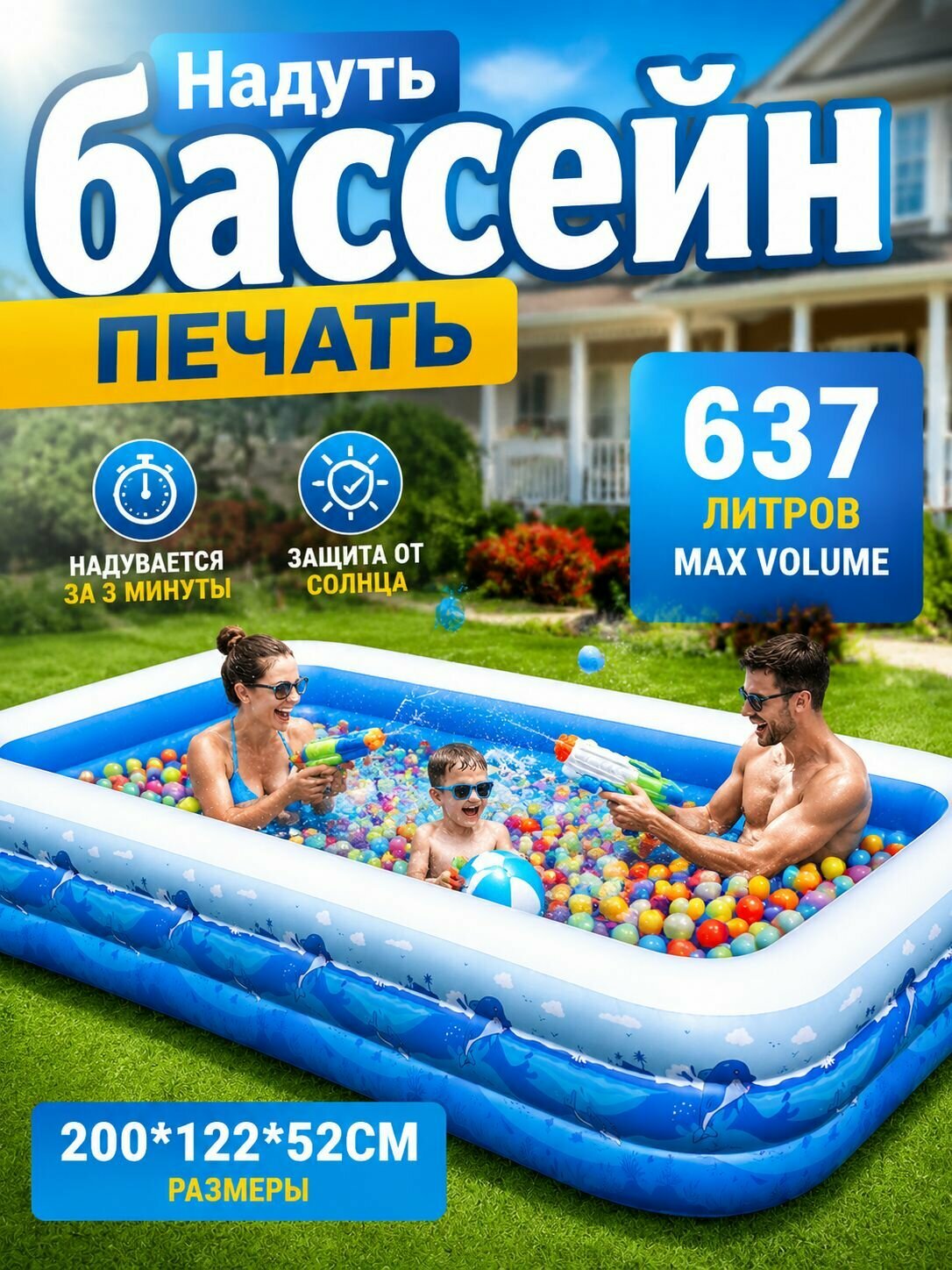 Надувной бассейн 2 м для детей и взрослых, семейный уличный бассейн 200 см для дачи, сада и летнего отдыха