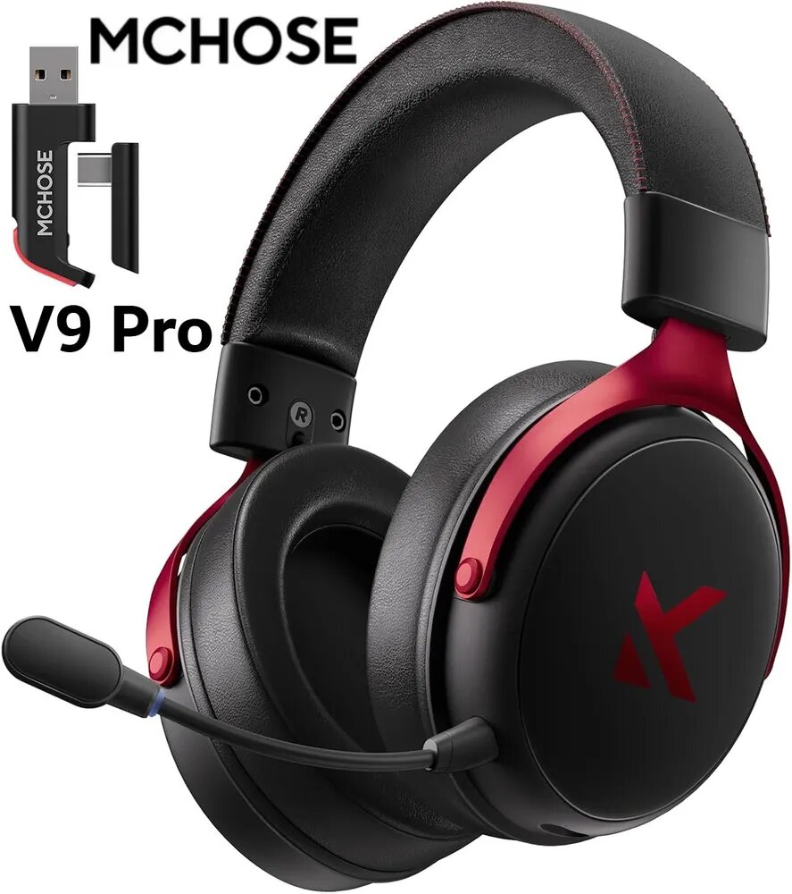 MCHOSE Наушники беспроводные с микрофоном Mchose V9 PRO, Bluetooth, черный, красный