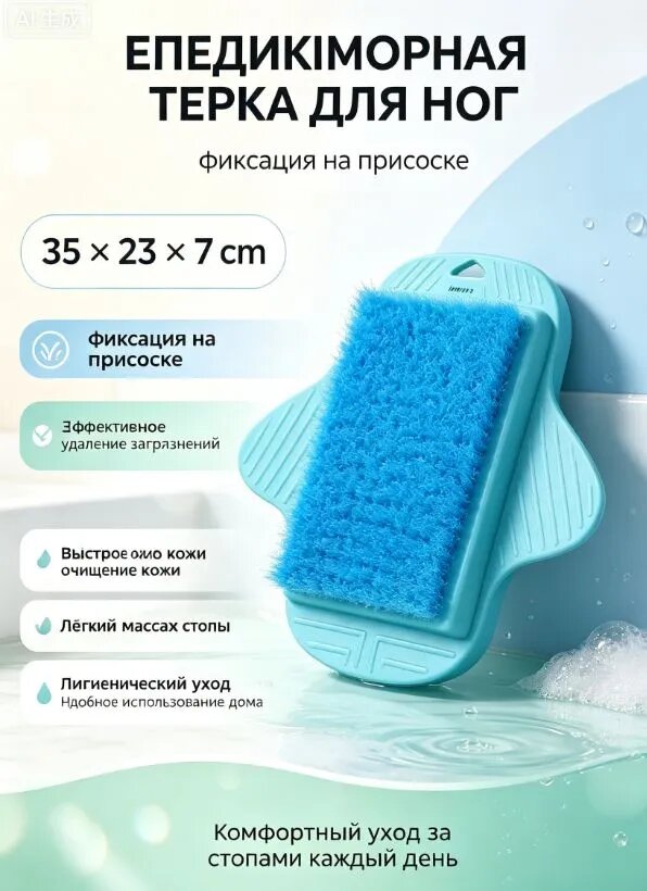 Терка для пяток на присосках, скраббер для ступней, удаление огрубевшей кожи,35х23х7 см