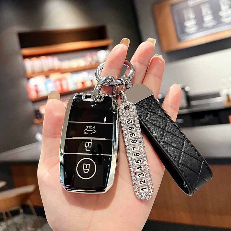 Ключевой брелок Kia Круглый чехол Черный с черной ромбовидной пряжкой и номерной табличкой совместим с моделями K3