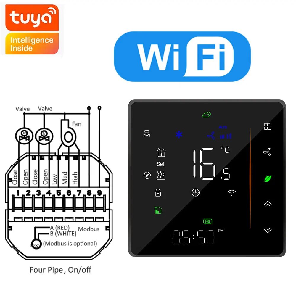 Термостат для помещения с вентиляционным конвектором TUYA Zigbee&Wi-Fi 2/4 Pipe - Контроллер температуры HVAC для обогрева и охлаждения 12VAC 24VAC 95-240VAC-4P AND WIFI Черный
