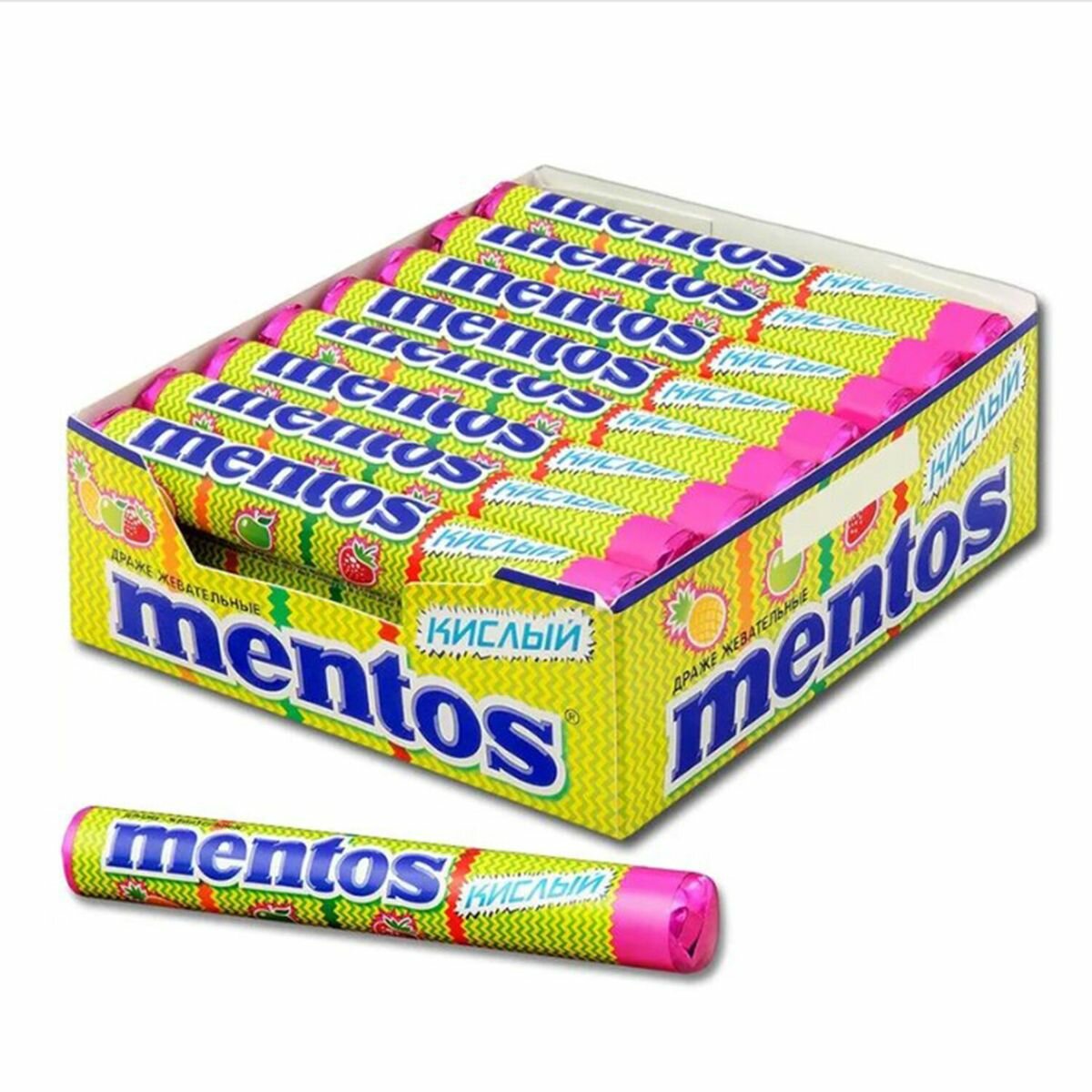 Жевательное драже Mentos "Кислый", 37,5г, 24 уп.