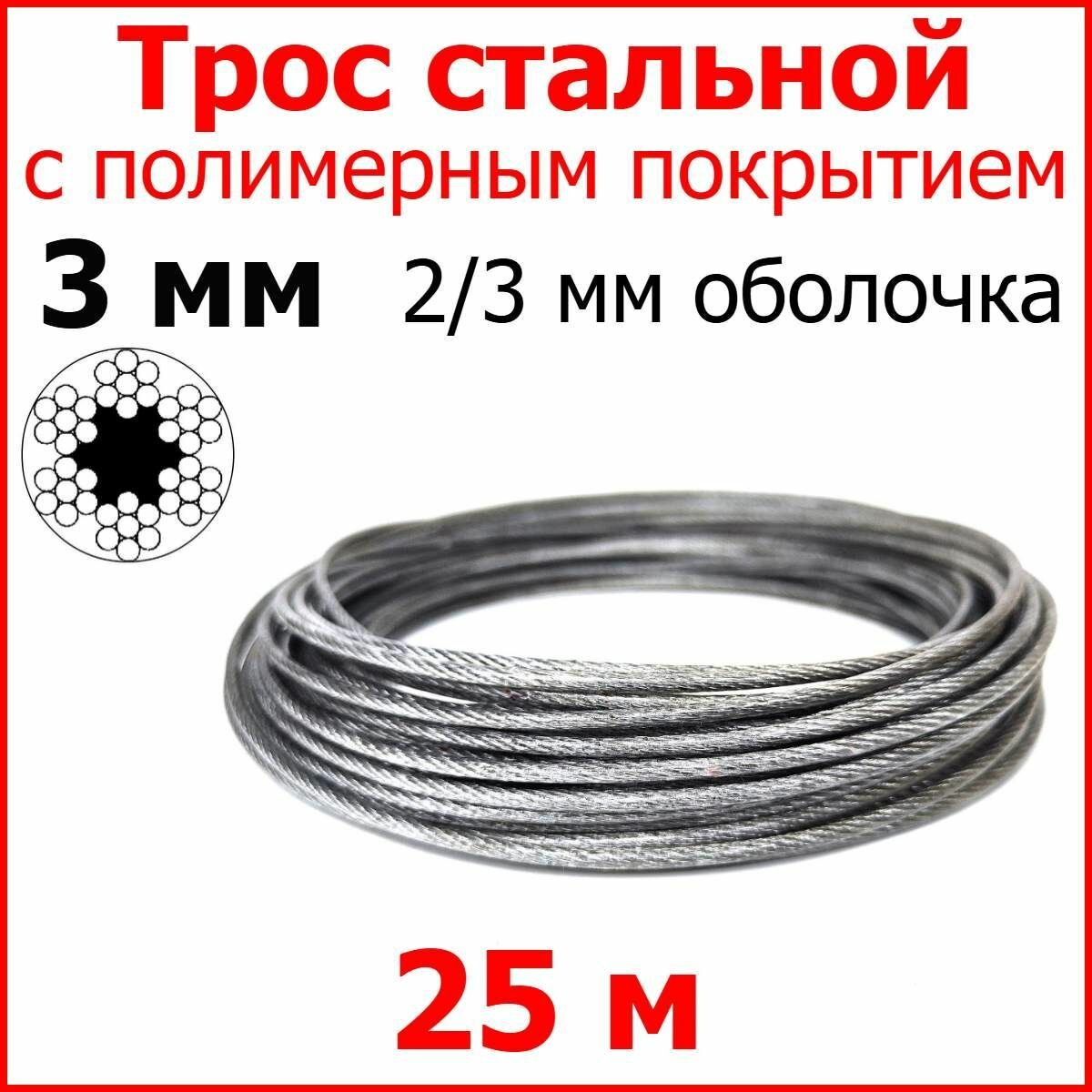 Трос с полимерным покрытием 2/3 мм, 25 метров. Трос ПВХ строительный, для насоса, для растяжек, в оплётке строительный трос в пвх оплётке