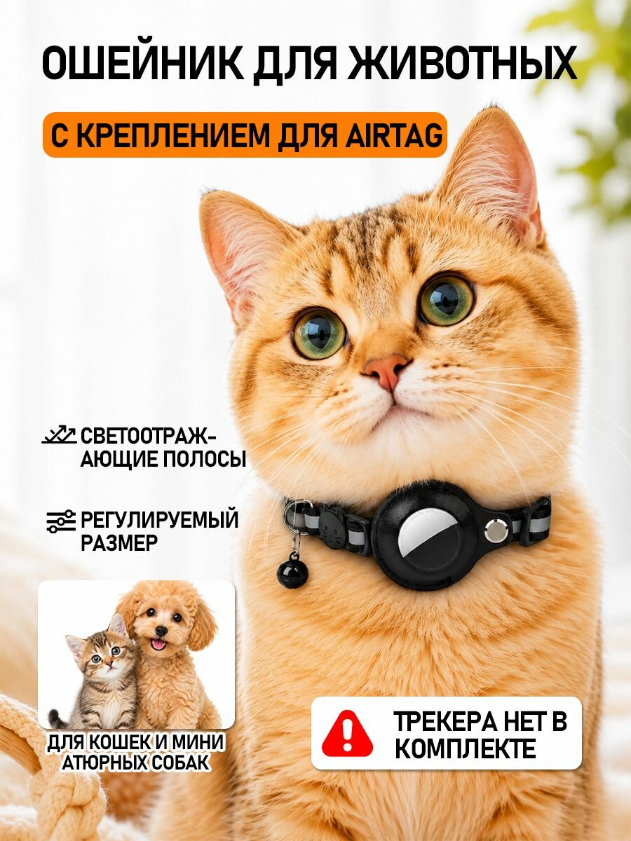 Ошейник для кошек и собак мелких пород с чехлом для GPS трекера, светоотражением и съемным колокольчиком