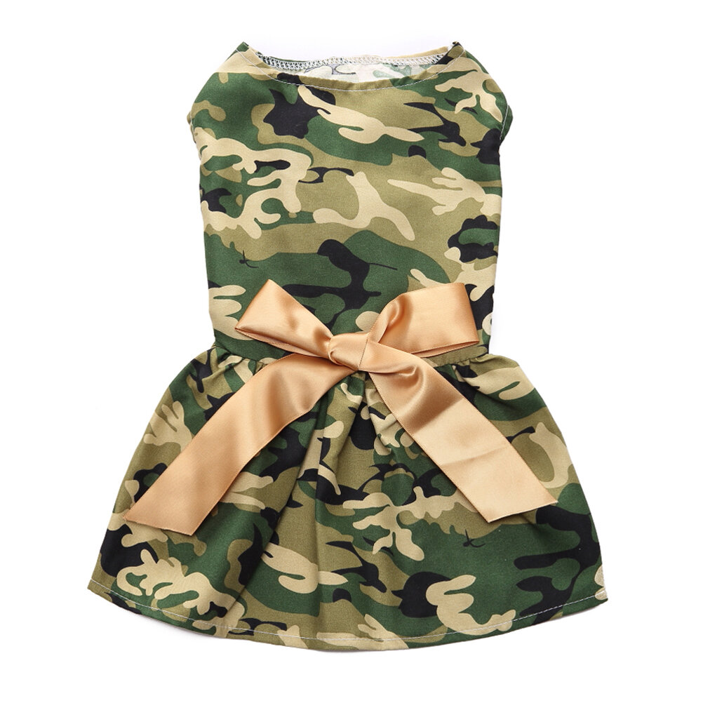 Летнее Платье Для Собак Без Рукавов Элегантное С Бантом Camouflage Размер XS