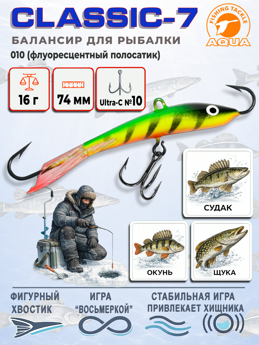 Балансир AQUA CLASSIC-7 74,0mm, вес - 16,0g, цвет 010 (флуоресцентный полосатик)