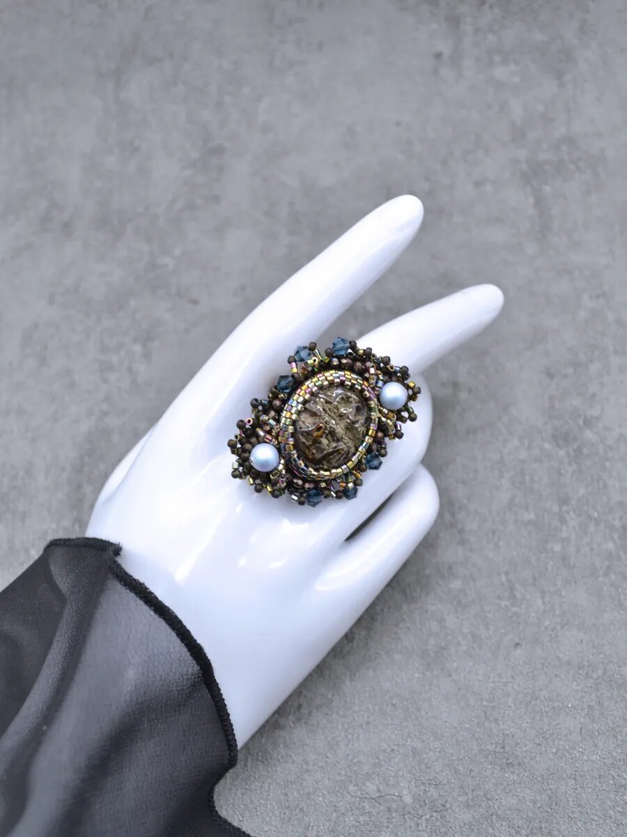 Кольцо, кристалл, бисер, кристаллы Swarovski