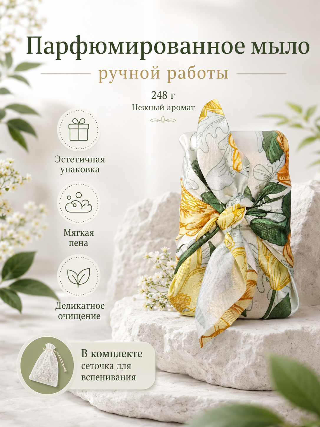 Мыло парфюмированное твердое. Мыло с ароматом духов в платке МТ-06, желтый