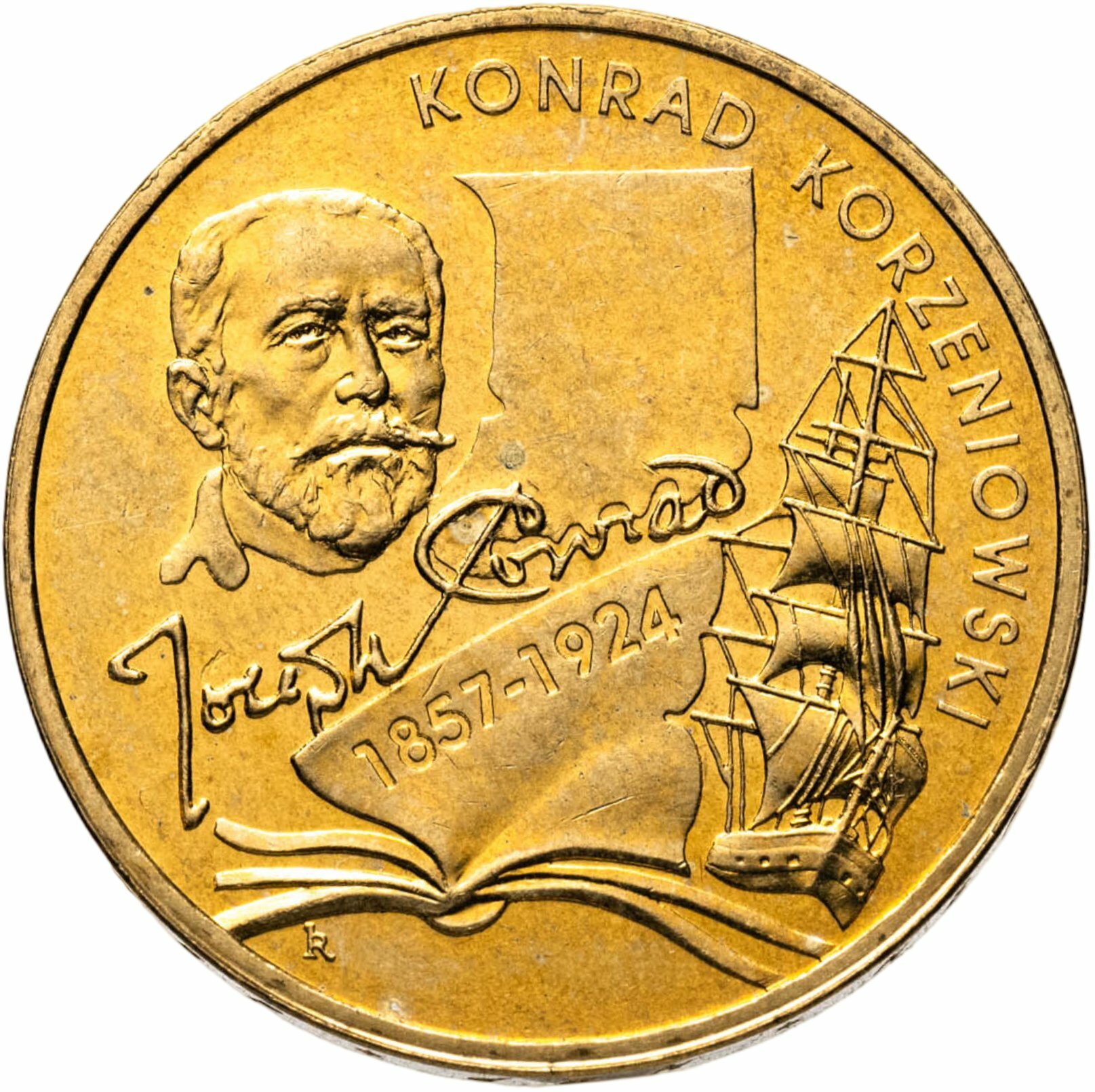 Польша 2 злотых 2007 "Польские путешественники - 150 лет со дня рождения писателя Джозефа Конрада Юзефа Коженёвского Корабль", Латунь, в сохранности AU-UNC