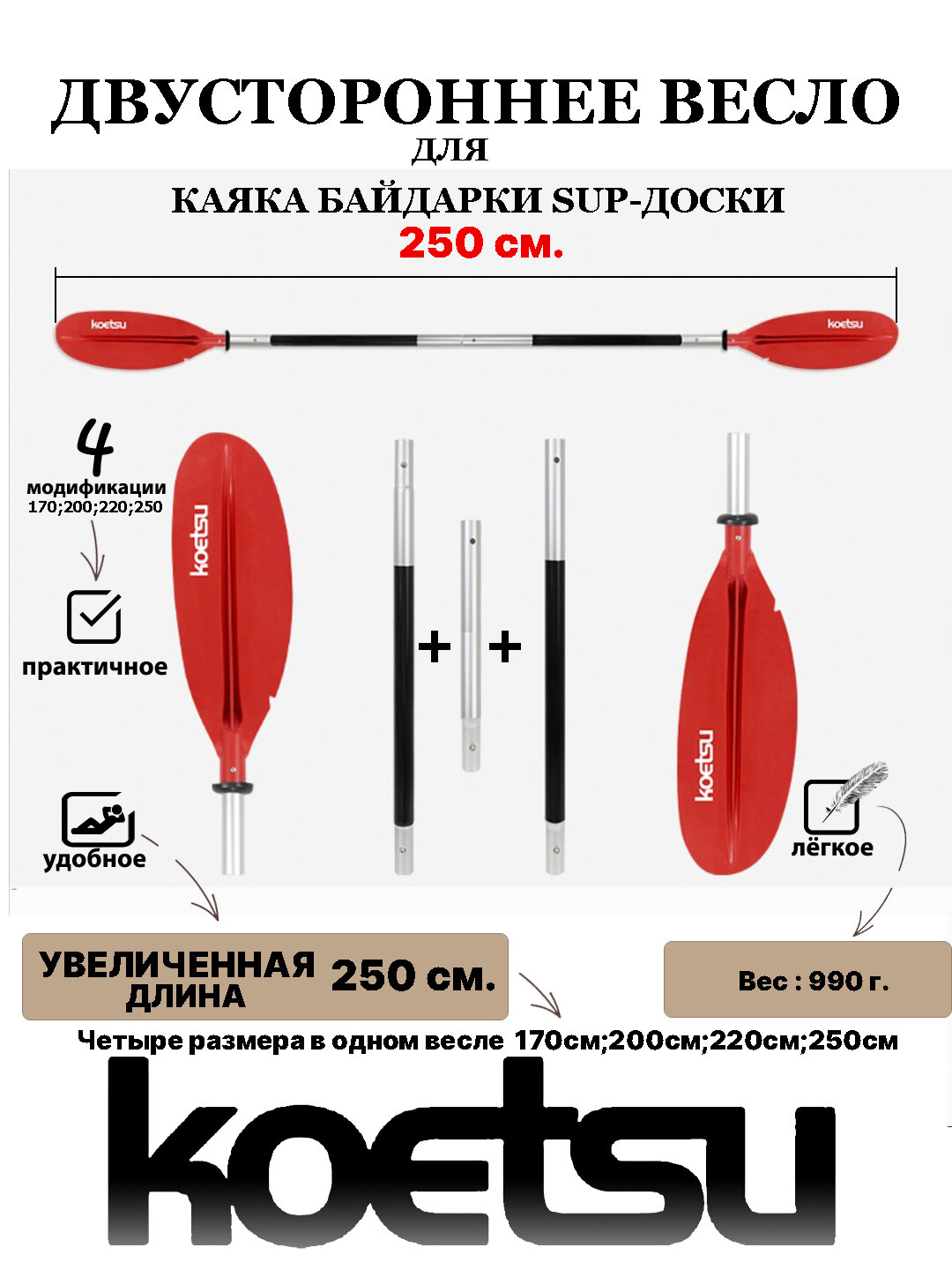 Весло для байдарки каяка пакрафта лодки SUP-доски сапборда красное разборное 5 секционное двустороннее