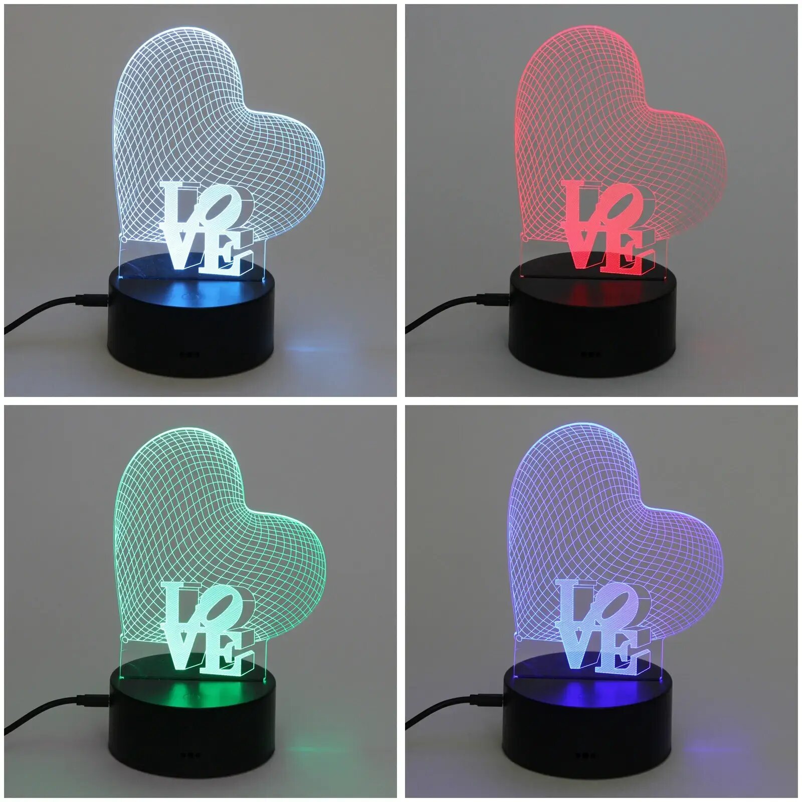 Светильник ночник «3D-LOVE», акрил, черная подставка, USB, романтический