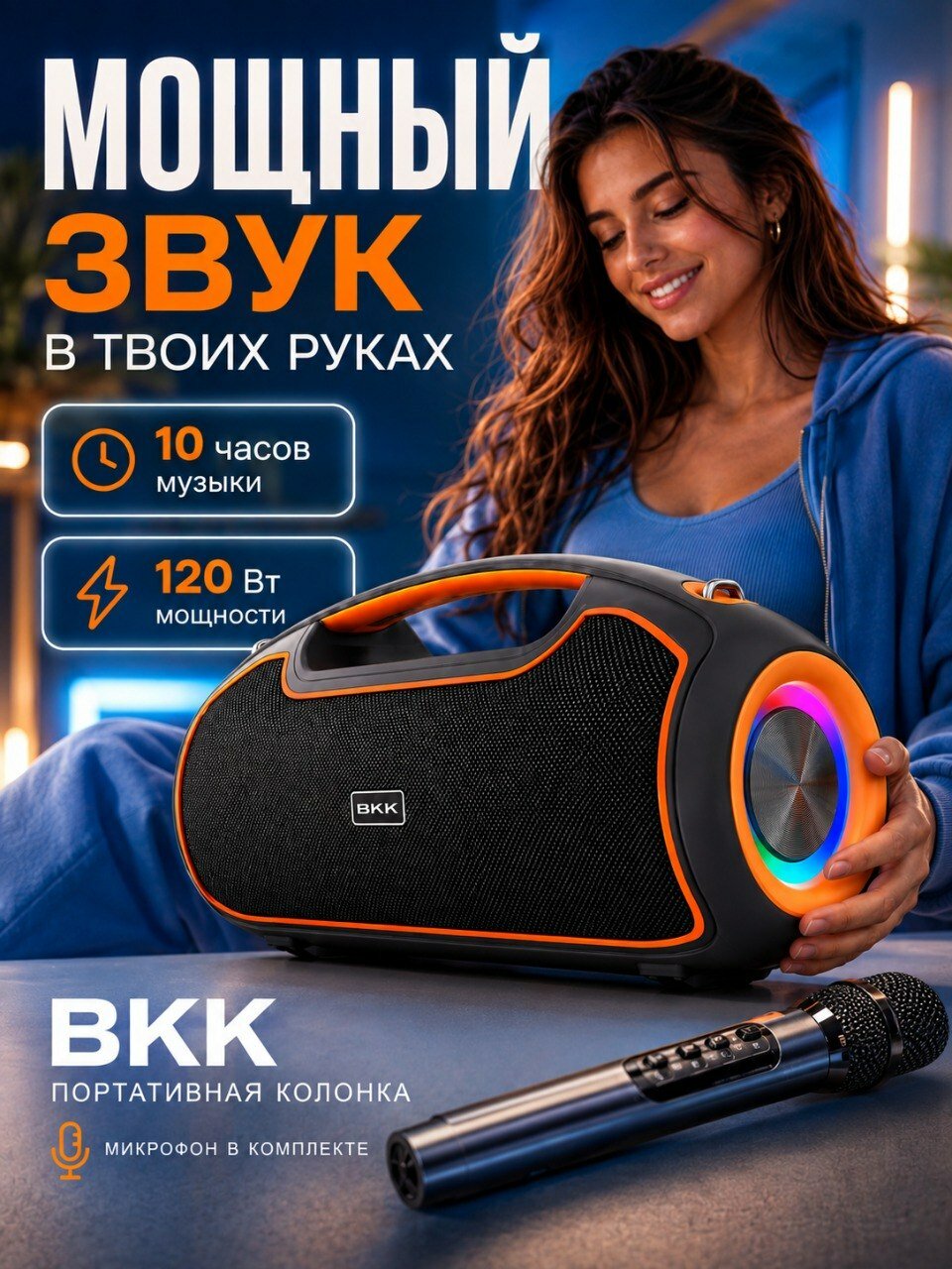 Колонка блютуз, беспроводная, музыкальная, портативная, с микрофоном, караоке, bluetooth, 120 вт