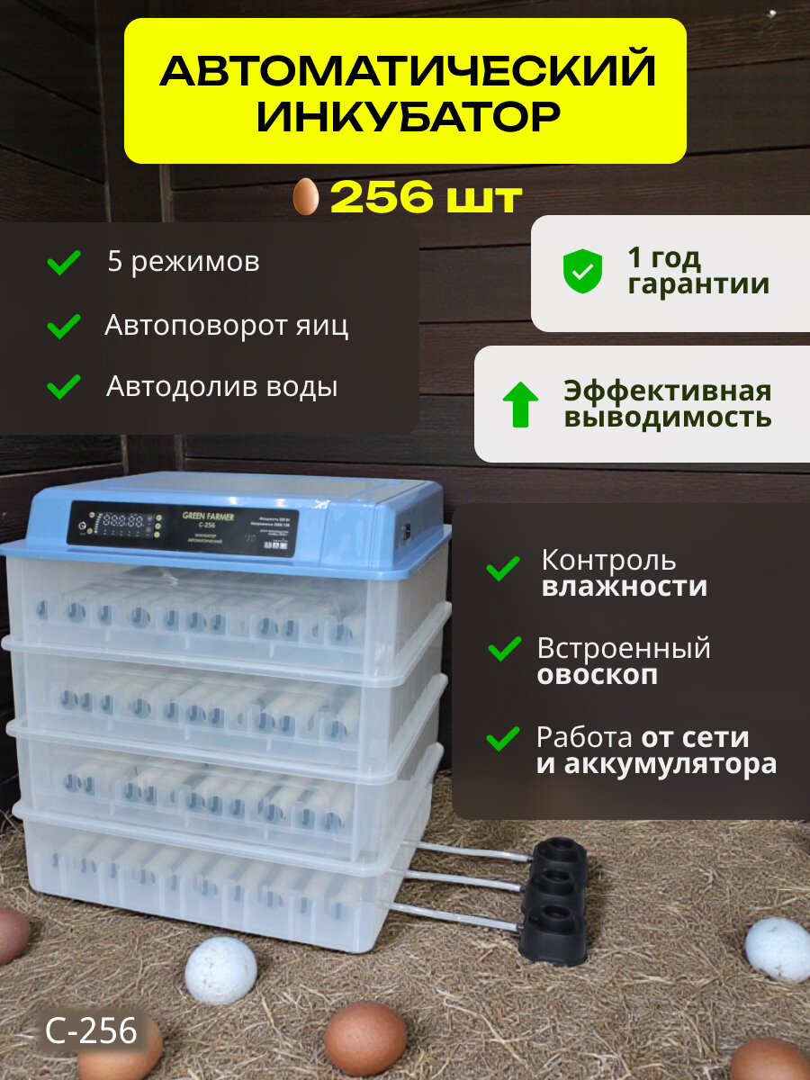 Инкубатор для яиц автоматический С-256 с терморегулятором, гигрометром, овоскопом, автоповоротом, 220В/12В
