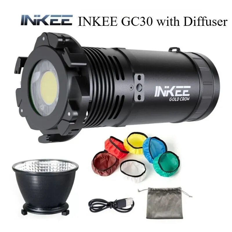 INKEE GC30 with Diffuser Видеосвет мощностью 30 Вт , Фотографическое стробоскопическое освещение 2700-6500 К для фотосъемки и видеозаписи на открытом воздухе