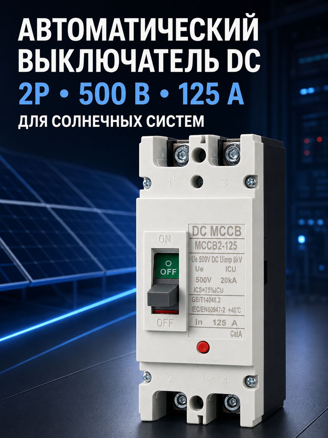 Автоматический выключатель постоянного тока MCCB 2P 125 А, 500 В DC, 20 кА, для солнечных систем