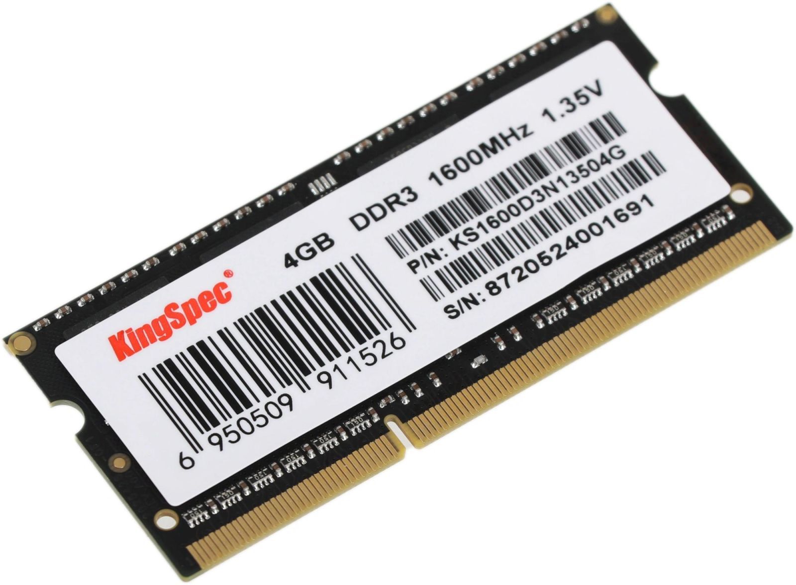 Оперативная память KingSpec DDR3, 4 Гб, 1600 МГц, PC3-12800, CL11, SO-DIMM, 204-контактная, 1,35 В, single rank (KS1600D3N13504G)